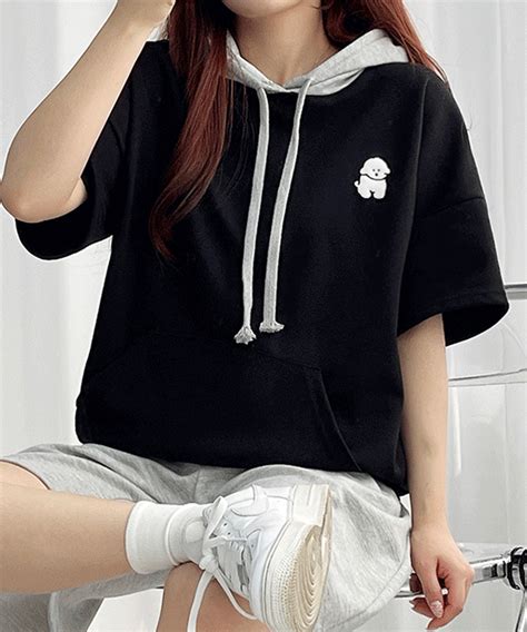 당일발송🚚 흰둥 배색 반팔 후드티 ️자체제작 ️핏보장 여름 후드 반팔티 자수 귀여운 캐릭터 귀여운옷 학생후드티 여름옷 반팔후드티 반팔후드 배색후드티 에이블리