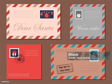 스탬프 봉투에 크리스마스 편지의 친애하는 산타 세트 산타 클로스에 편지 빈티지 봉투 우표와 우편물크리스마스를 테마로 한 봉투