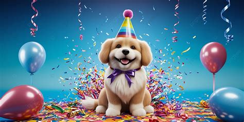 귀여운 강아지는 색종이 풍선과 선물로 생일을 축하합니다 귀여운 강아지는 색종이 풍선과 선물로 생일을 축하합니다 색종이 풍선과 선물로 생일 귀여운 강아지 생일 배경