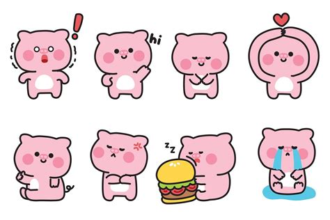 Set Of Cute Pig In Various Feeling And Posesemotionallovehiangry
