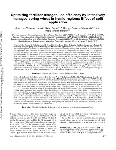 Pdf Optimizing Fertilizer Nitrogen Use Efficiency By Intensively Managed Spring Wheat In Humid
