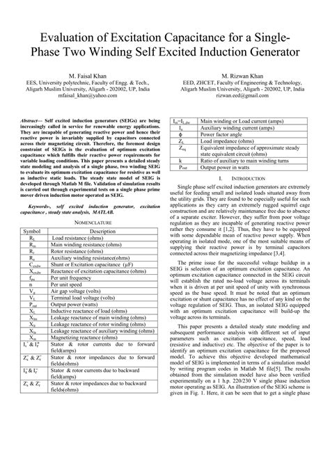 Pdf Evaluation Of Excitation Capacitance For A Single Phase Two Winding Self Excited Induction