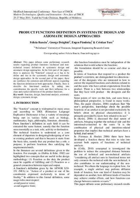 Pdf Product Functions Definition In Systematic Design And Axiomatic Design Approaches
