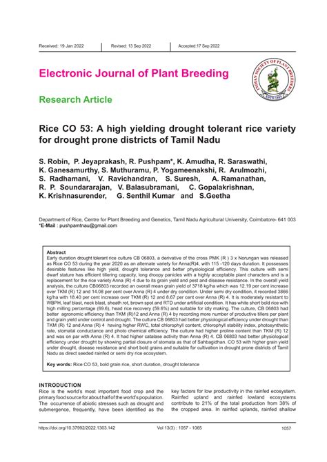 Pdf Electronic Journal Of Plant Breeding Research Article Rice Co 53 A High Yielding Drought