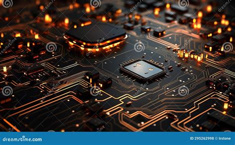 Supercomputer Cpu And Gpu Circuits Mother Board Interconnection With Neon Glowing Light Stock