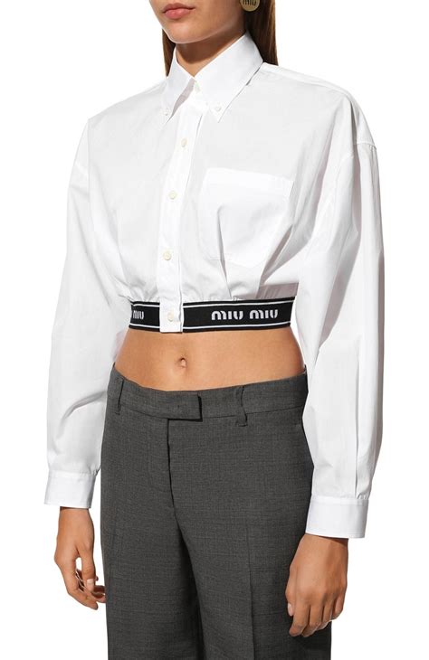 Женская белая хлопковая рубашка Miu Miu купить в интернет магазине ЦУМ арт Mk1435 1ucs F0009