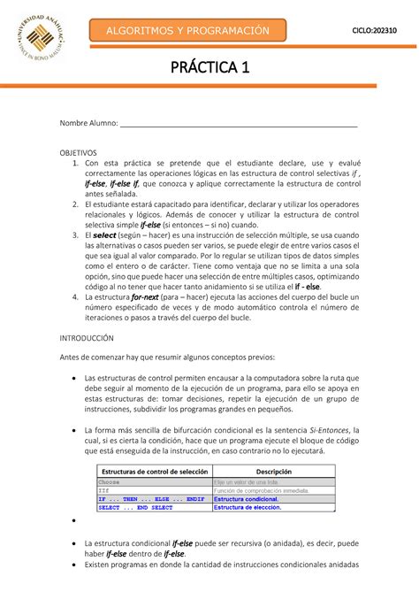 Práctica 1 Algoritmos Y Programación 202310 Pr¡ctica 1 Nombre Alumno Objetivos Con Esta Pr