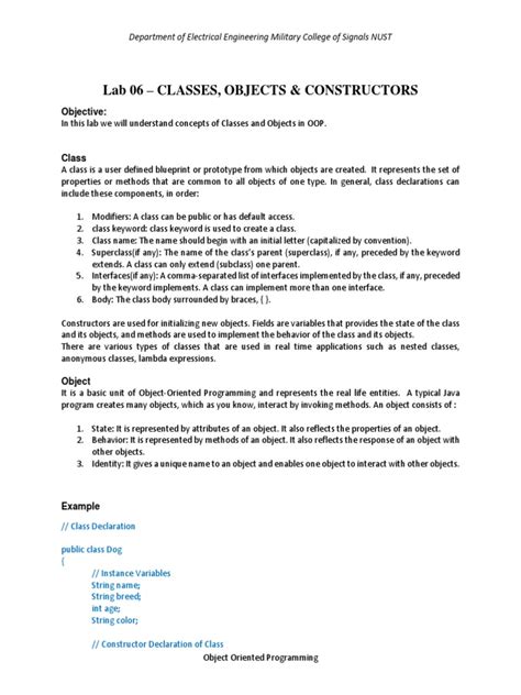 Lab 06 Classes Objects And Constructors Objective Pdf Class Computer Programming