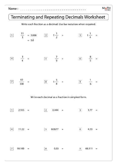 Terminating And Repeating Decimals Worksheet Use Bar Notation When