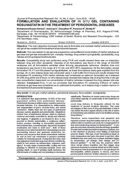 Pdf Formulation And Evaluation Of In Situ Gel Containing Rosuvastatin In The Treatment Of