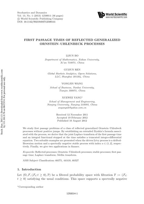 Pdf First Passage Times Of Reflected Generalized Ornstein Uhlenbeck Processes