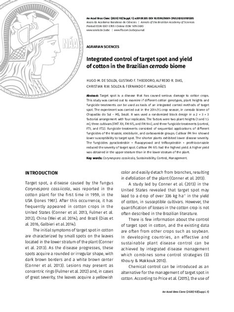 Pdf Integrated Control Of Target Spot And Yield Of Cotton In The Brazilian Cerrado Biome