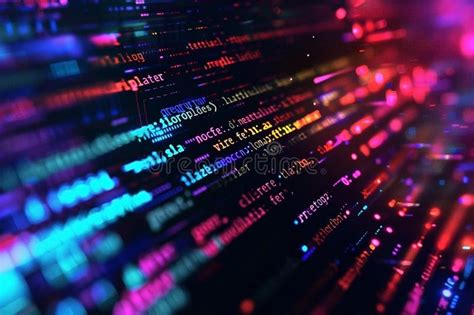 Colorful Code Lines On Black Background Displayed On Computer Screen Stock Illustration