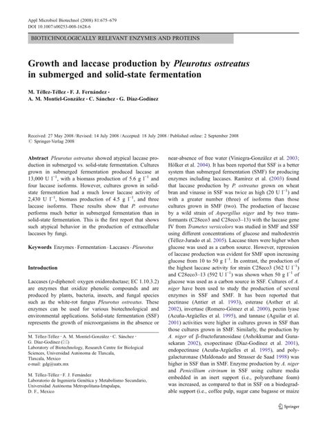 Pdf Growth And Laccase Production By Pleurotus Ostreatus In Submerged And Solid State Fermentation