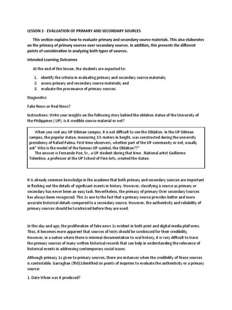 Evaluation Of Primary And Secondary Sources Pdf Primary Sources