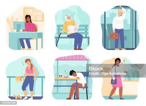 졸린 사람들 다른 장소에서 피곤 한 사람 전체 길이 고립 된 남자와 여자 사무실에서 피로 문자 교통 및 카페 슬픈 소진 노동자 낮은 에너지 벡터 만화 세트 개념에 대한 스톡