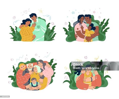 네 명의 행복한 가족이 포옹하고 있습니다 라틴 아메리카 아프리카 계 미국인 유럽 백인 아시아 부모 임신 부부 노인 과 젊은