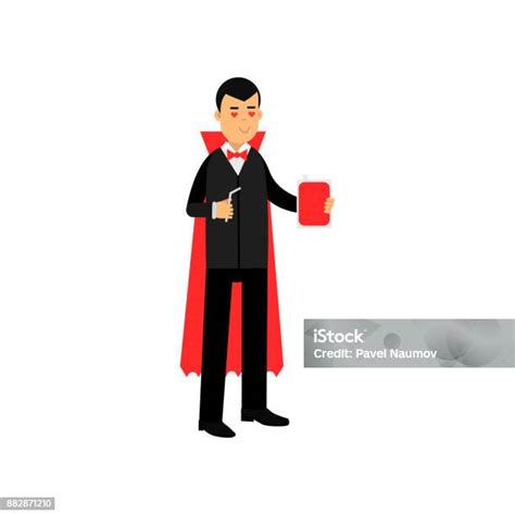 뱀파이어 캐릭터 서 혈액과 짚 드라큘라 백작 입고 검은 양복 및 빨간 케이프 벡터 일러스트 레이 션의 플라스 크 검은색에 대한 스톡 벡터 아트 및 기타 이미지 Istock