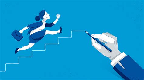 비즈니스 여자 실행 하 고 보스 벡터 일러스트 재미 만화 귀여운 만화 노동자 또는 직원 경력 성장 성공에 동기를 부여 의 큰 손으로 그리기 계단에 서둘러 감독에 대한 스톡