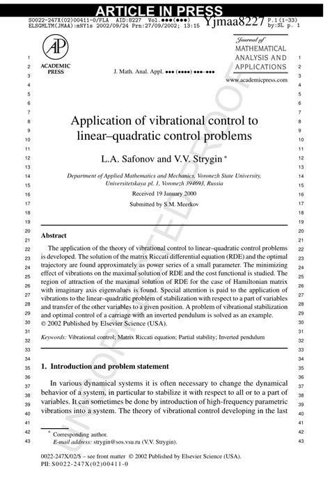 pdf application of vibrational control to linear quadratic control