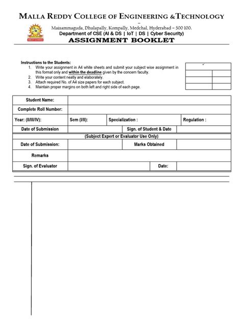 Assignment Booklet Template Pdf