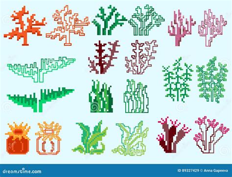 Set Of Pixel Algae Stock Vector Illustration Of Oceanside 89327429
