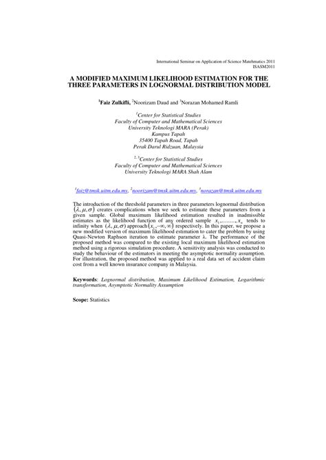 PDF A MODIFIED MAXIMUM LIKELIHOOD ESTIMATION FOR THE THREE PARAMETERS IN LOGNORMAL