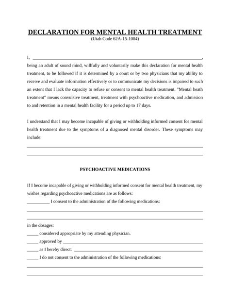 Statutory Declaration For Mental Health Treatment Utah Form Fill Out