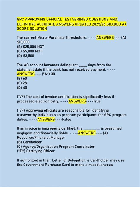 Gpc Approving Official Test Verified Questions And Definitive Accurate
