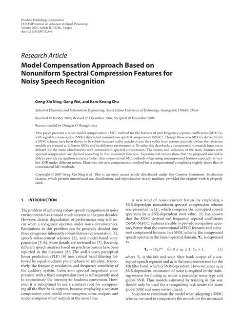 Pdf Model Compensation Approach Based On Nonuniform Spectral Compression Features For Noisy