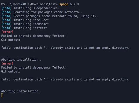 Purescript Running Spago Build Returns Error Installing Dependencies
