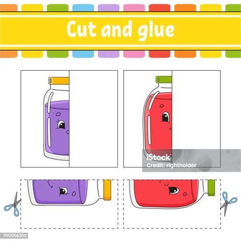 잘라내기 및 재생합니다 접착제와 종이 게임 플래시 카드 색상 퍼즐 교육 개발 워크 시트 활동 페이지 어린이를위한 재미있는 캐릭터 격리된 벡터 그림입니다 만화 스타일입니다 0