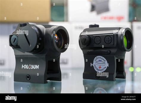 09 06 2023 Russia Moscow Collimator Sight For Weapons In The Shop Of Tactical Equipment
