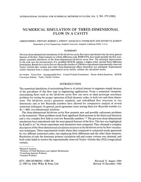 Pdf Numerical Simulation Of Three‐dimensional Flow In A Cavity