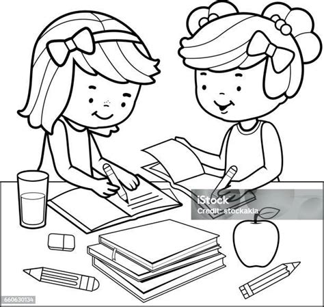 학생 들은 숙제를 하 고입니다 도 서 페이지를 색칠 하는 흑인과 백인 교육에 대한 스톡 벡터 아트 및 기타 이미지 교육 교실 색칠하기 Istock