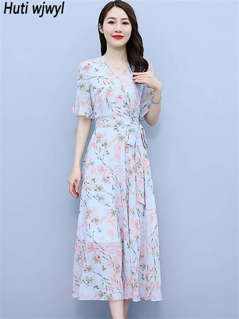 2023 꽃 쉬폰 플레어 슬리브 캐주얼 비치 롱 드레스 여름 패션 우아한 파티 나이트 드레스 여성 빈티지 Bodycon
