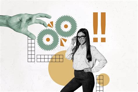 Composite Photo Collage Of Pretty Businesswoman Hold Glasses Gears