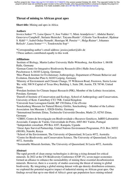 Pdf Threat Of Mining To African Great Apes