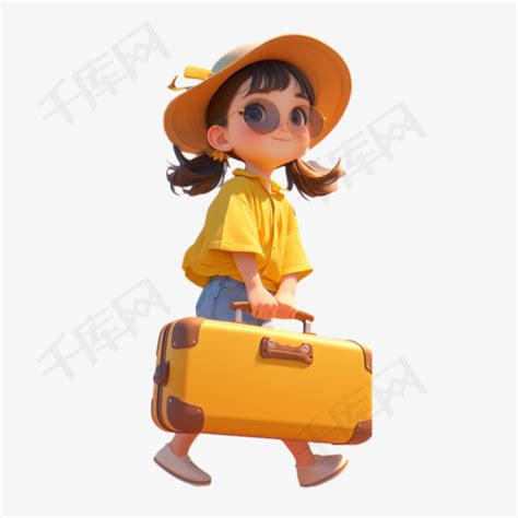 春天拖着行李箱旅游的女孩3d形象素材图片免费下载 千库网