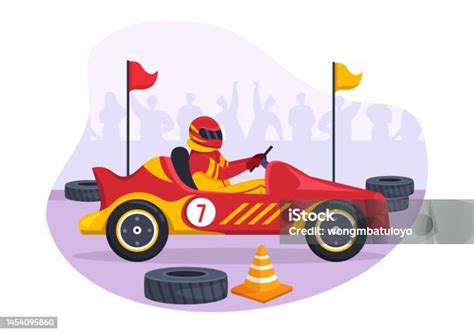 포뮬러 레이싱 스포츠카는 레이스 서킷에 도달하여 결승선 만화 일러스트레이션으로 우승하여 플랫 스타일의 손으로 그린 템플릿 디자인