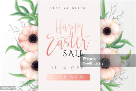 벡터 일러스트 레이 션의 부활절 날 인사말 배너 템플릿 손 글자 레이블행복 한 부활절현실적인 말미 잘 꽃과 유칼립투스 잎 아네모네 꽃에 대한 스톡 벡터 아트 및 기타 이미지