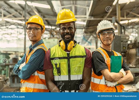 Portrait Three Man Engineer Worker Team Standing Arm Crossed Confident Happy Smile Group Of