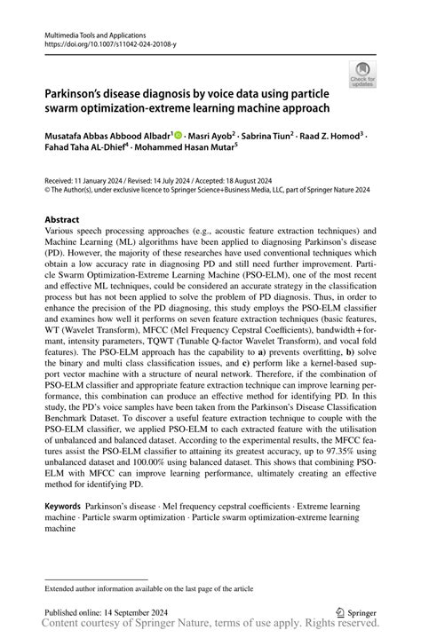 parkinson s disease diagnosis by voice data using particle swarm optimization extreme learning