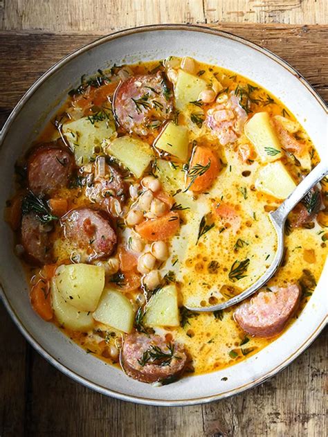 Kielbasa Potato Soup Serving Dumplings