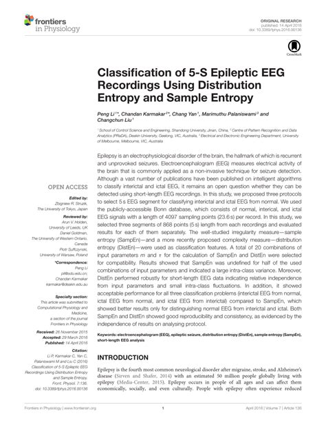Pdf Classification Of 5 S Epileptic Eeg Recordings Using Distribution Entropy And Sample Entropy
