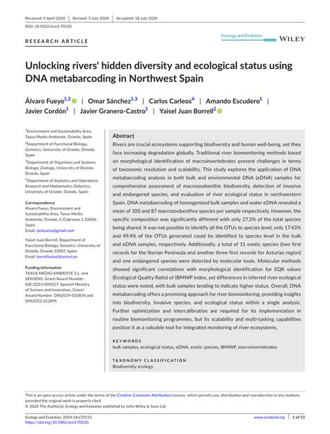 Pdf Unlocking Rivers Hidden Diversity And Ecological Status Using Dna Metabarcoding In
