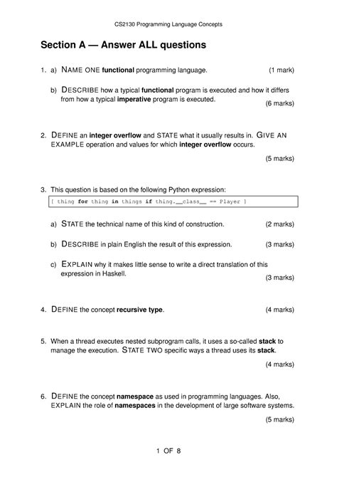 exam 2016 section a — answer all questions 1 a name onefunctionalprogramming language 1