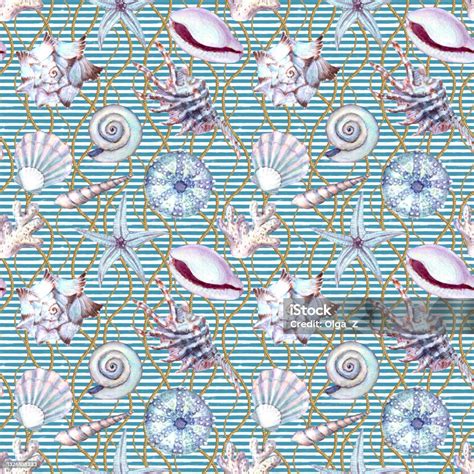 수채화 바다 껍질 원활한 패턴 손으로 그린 조개 질감 줄무늬 바다 배경 그래픽 프린트에 대한 스톡 벡터 아트 및 기타 이미지