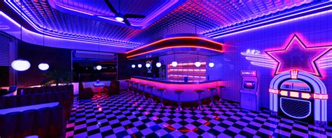 타일 바닥 주크박스 네온 조명 빈티지 아케이드 머신 바 스툴이 있는 복고풍 식당 인테리어 3d 그림입니다 0명에 대한 스톡 사진 및 기타 이미지 Istock