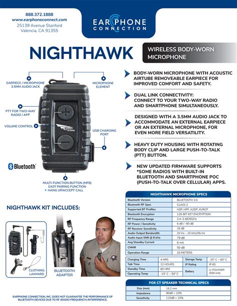 Nighthawk Bluetooth Body Microphone EarPhone Connection